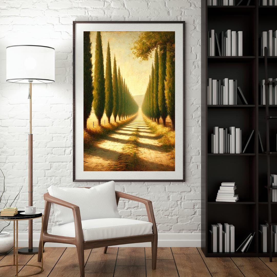 Tuscan Landscape Art: Rustic Cypress Path Wall Decor in Golden Tones ...