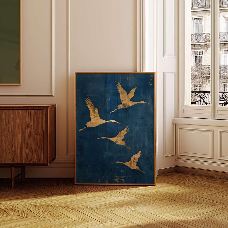 Gold Crane Silhouettes Art Print | Elegant Bird Formation Nature Wall ...