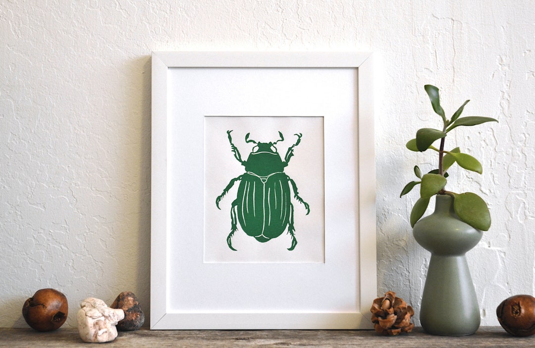 Scarab - Modern Minimal Insect Block Print, Hand-pressed Linocut on ...