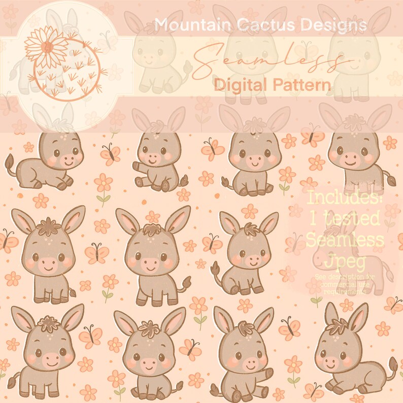Kawaii Donkeys Seamless Pattern Jpeg | Hand Drawn | Seamless Patterns ...