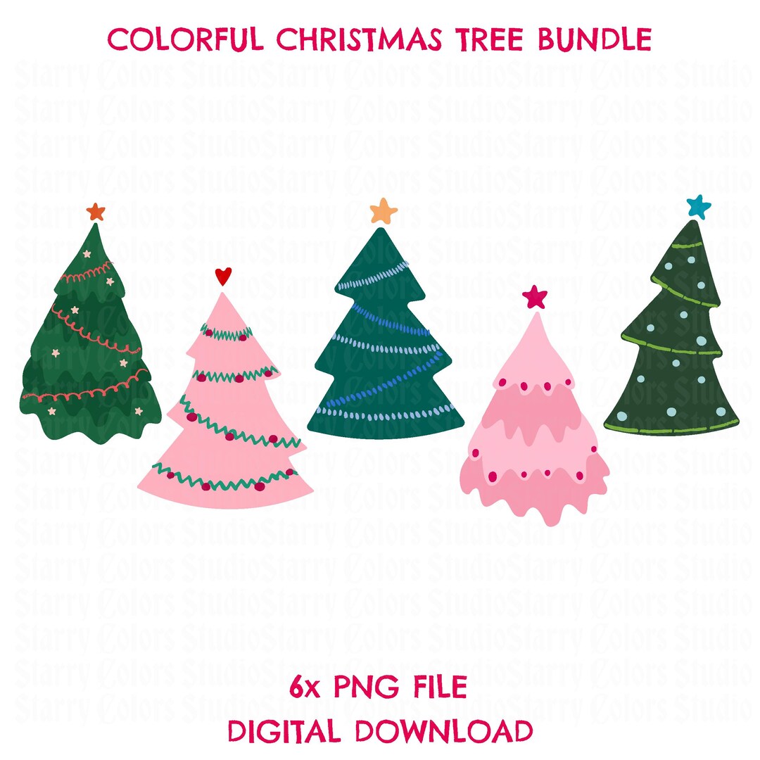 Colorful Christmas Tree Bundle, Christmas Tree PNG, Hand Drawn ...