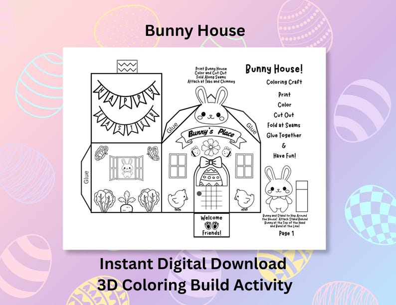 Bunny House 3D Coloring Craft Build, Easter Activity (digital Download ...
