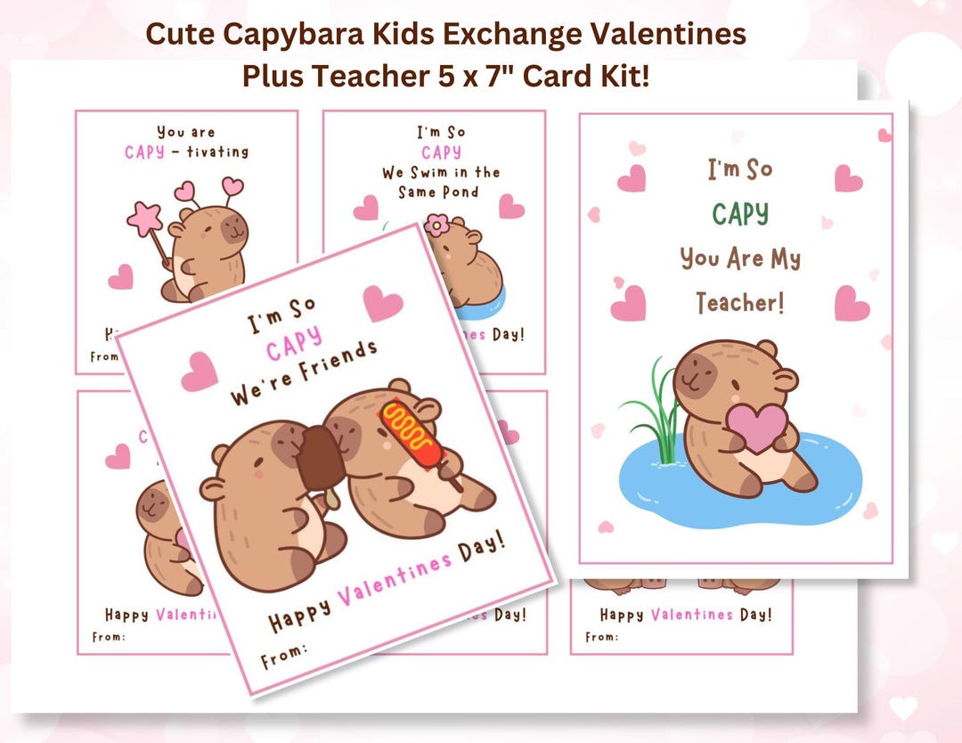 Capybara Valentine Cards: Kids Exchange & Teacher Card (digital ...