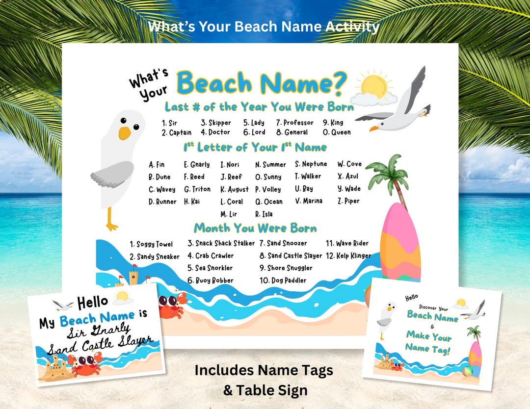 What's Your Beach Name Activity, Sign and Name Tags Digital Download ...