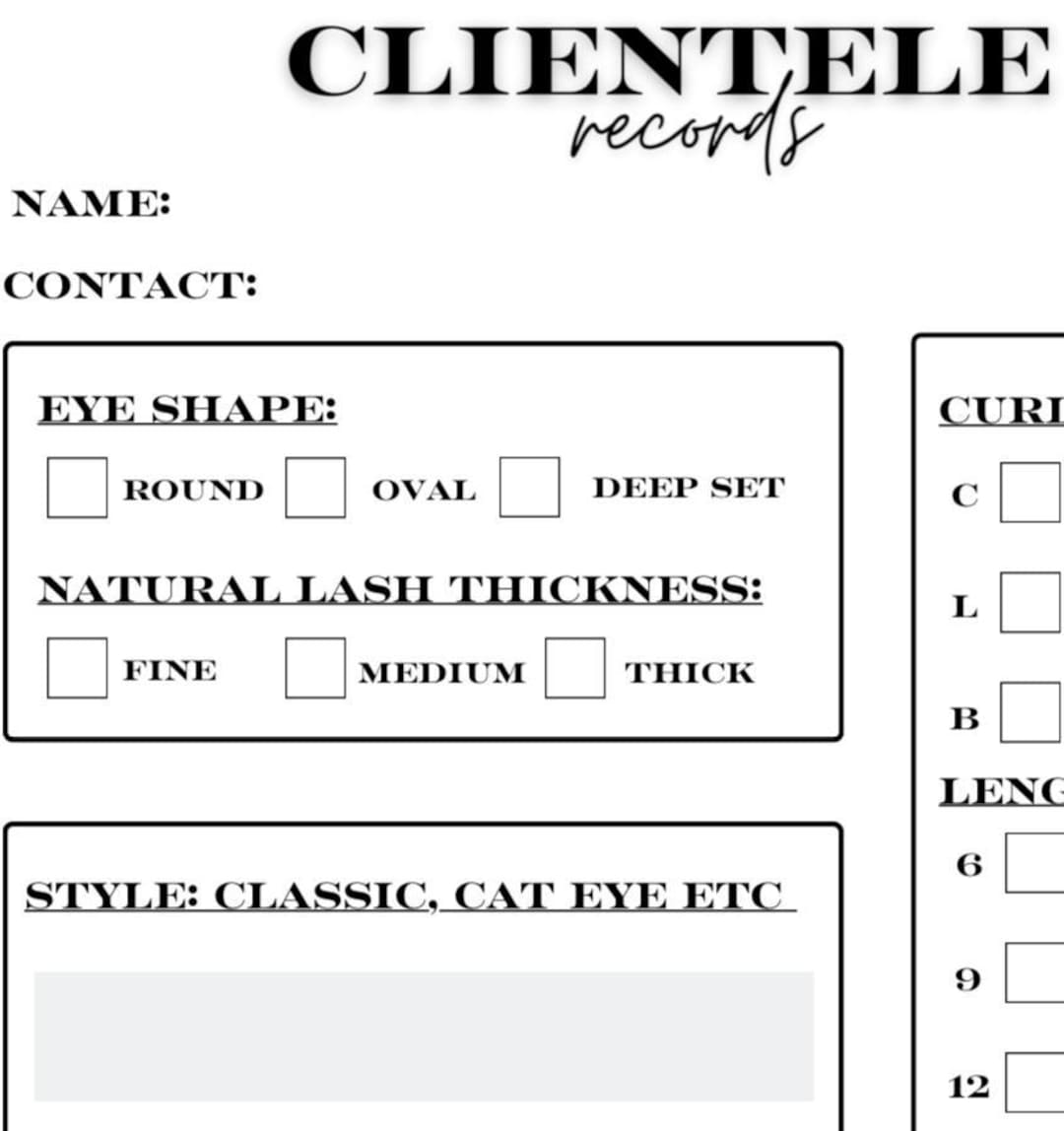 Clientele Sheet for Lash Extensions Editable Client Record Sheet - Etsy