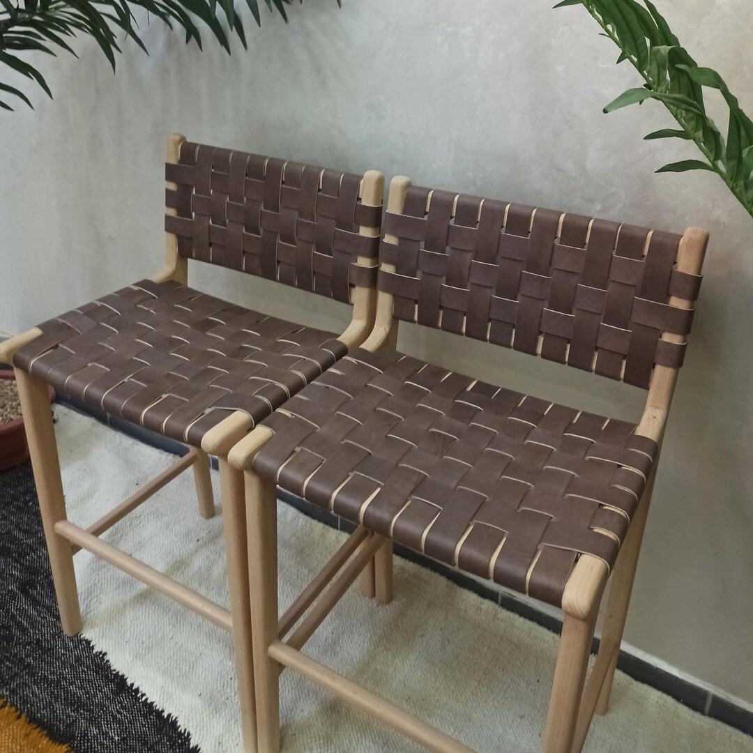 Woven Leather Counter Stools - Natural Teak Wood With Brown Leather - Etsy