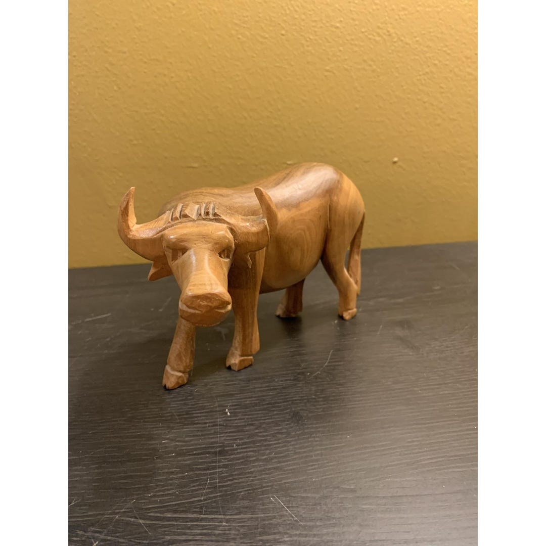Vintage Hand Carved Wooden Water Buffalo Folk Art Statue Figure ...