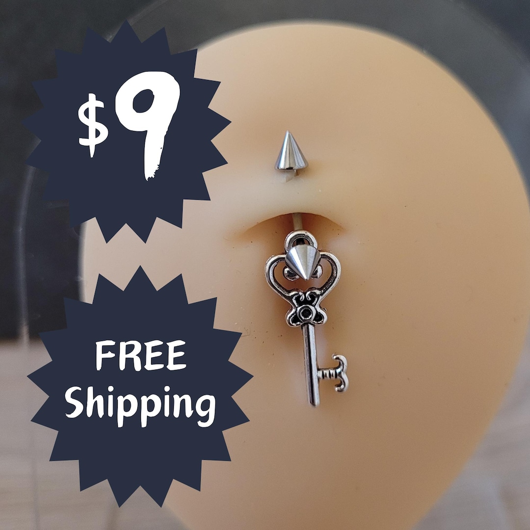 Belly Ring Key 14g 16g – Silver Spike Barbell Navel Piercing Jewelry 3/ ...