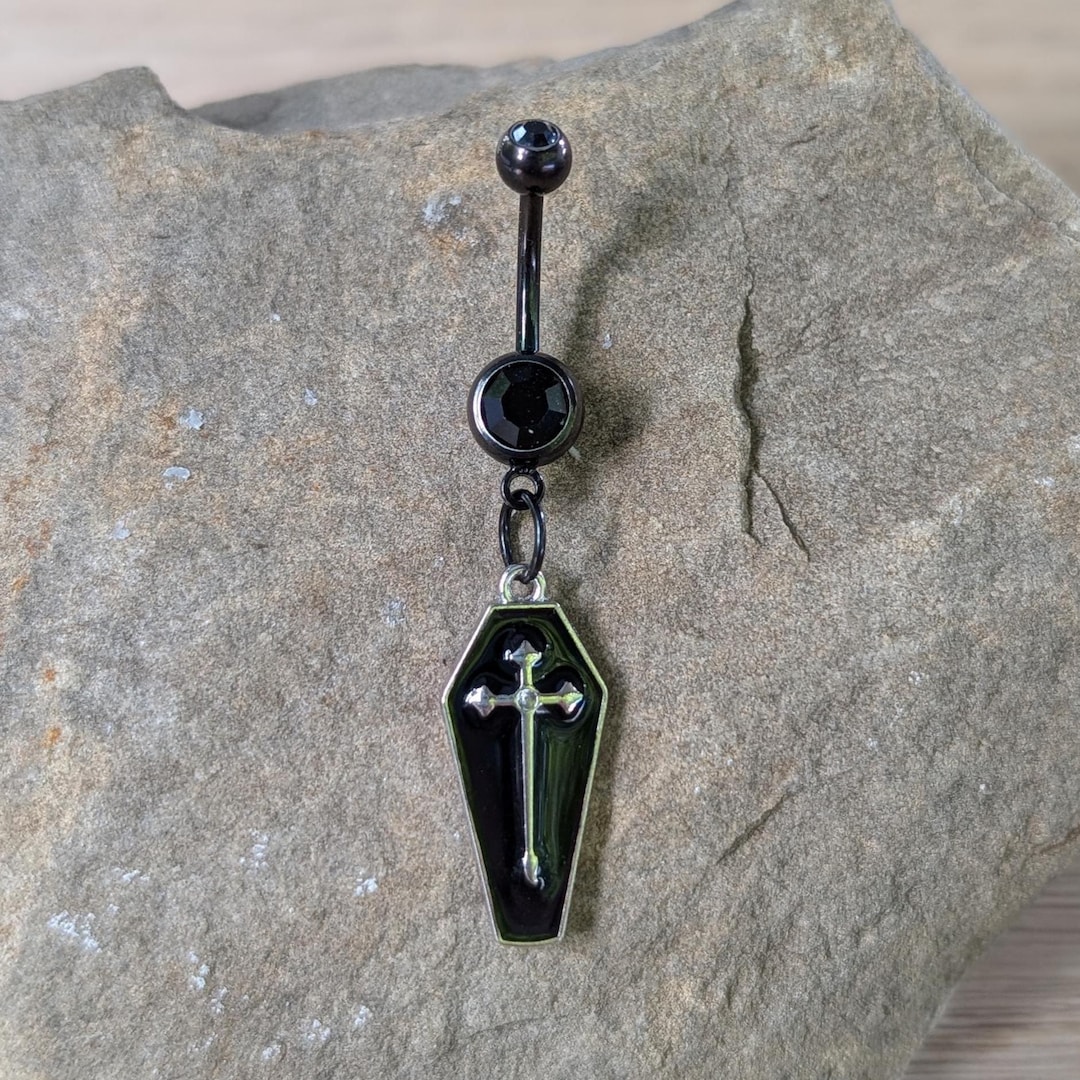 Gothic Black Gem Coffin Belly Button Ring Dangle With Charm 14g 11mm 7/ ...