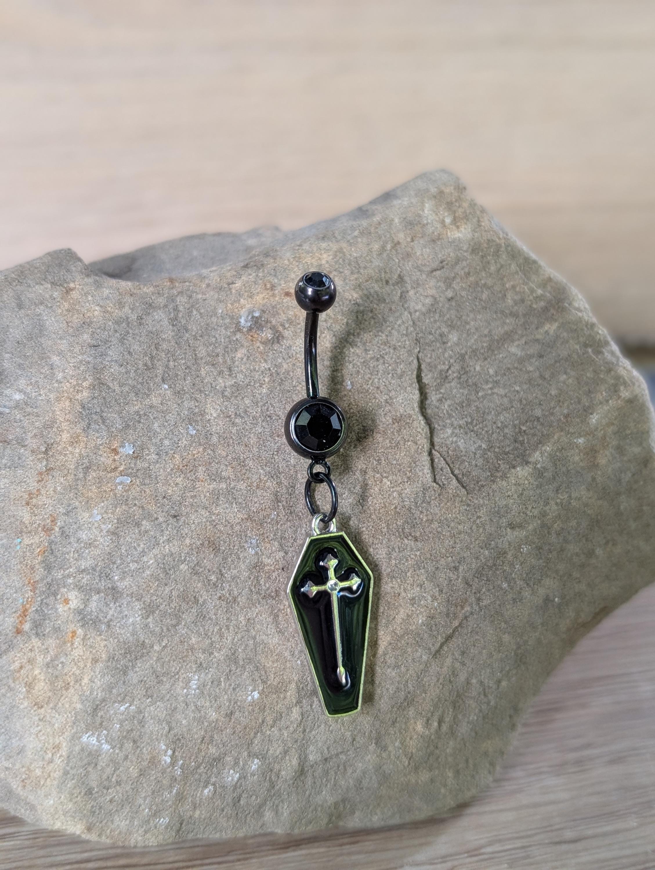 Gothic Black Gem Coffin Belly Button Ring Dangle With Charm 14g 11mm 7/ ...