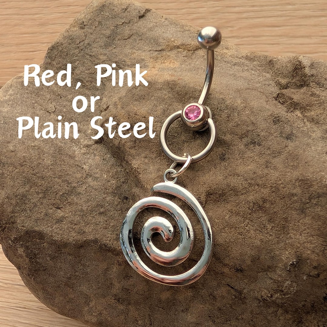 Gothic Silver Spiral Pink Red Gem Belly Button Ring Dangle With Charm ...