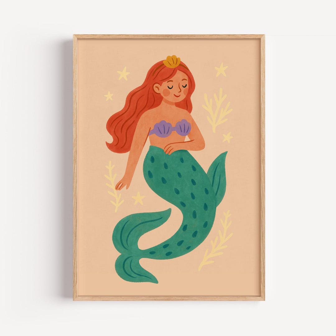 Mermaid Rolled Poster – Underwater Princess With Red Hair | Unframed ...