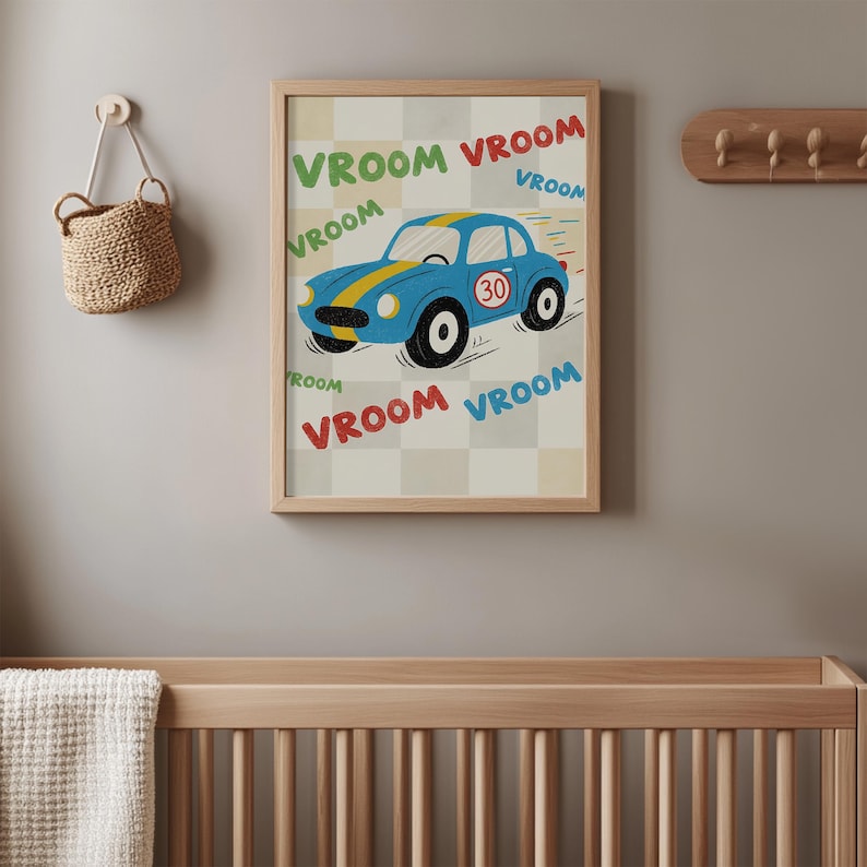 Vroom Vroom Car Art Print for Kids Room - Fun Racing Nursery Decor ...