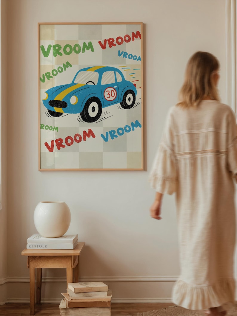 Vroom Vroom Car Art Print for Kids Room - Fun Racing Nursery Decor ...