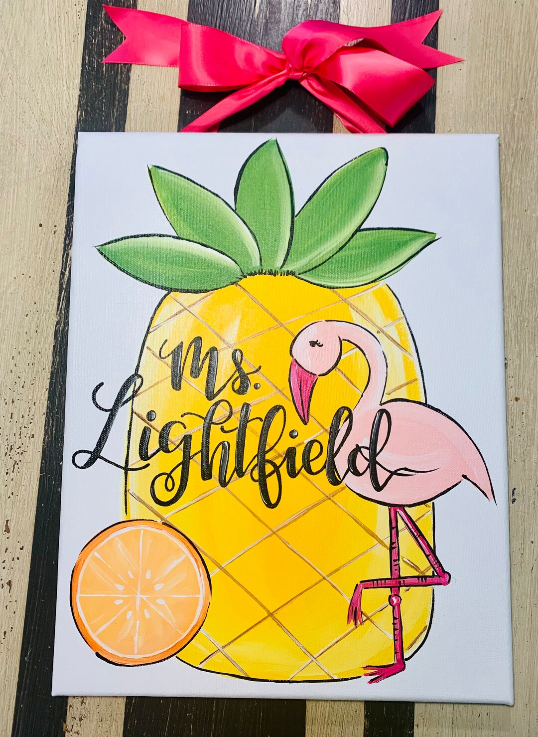 Tropical Pineapple Flamingo Hand Painted Sign Custom Name Monogram ...