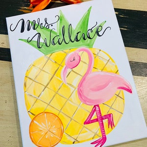 Tropical Pineapple Flamingo Hand Painted Sign Custom Name Monogram ...