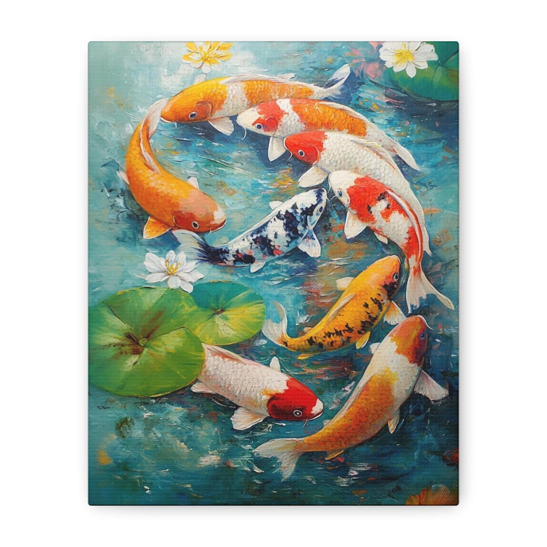 Nine Koi Fish in Pond Canvas Wall Art, Feng Shui Prosperity Art ...