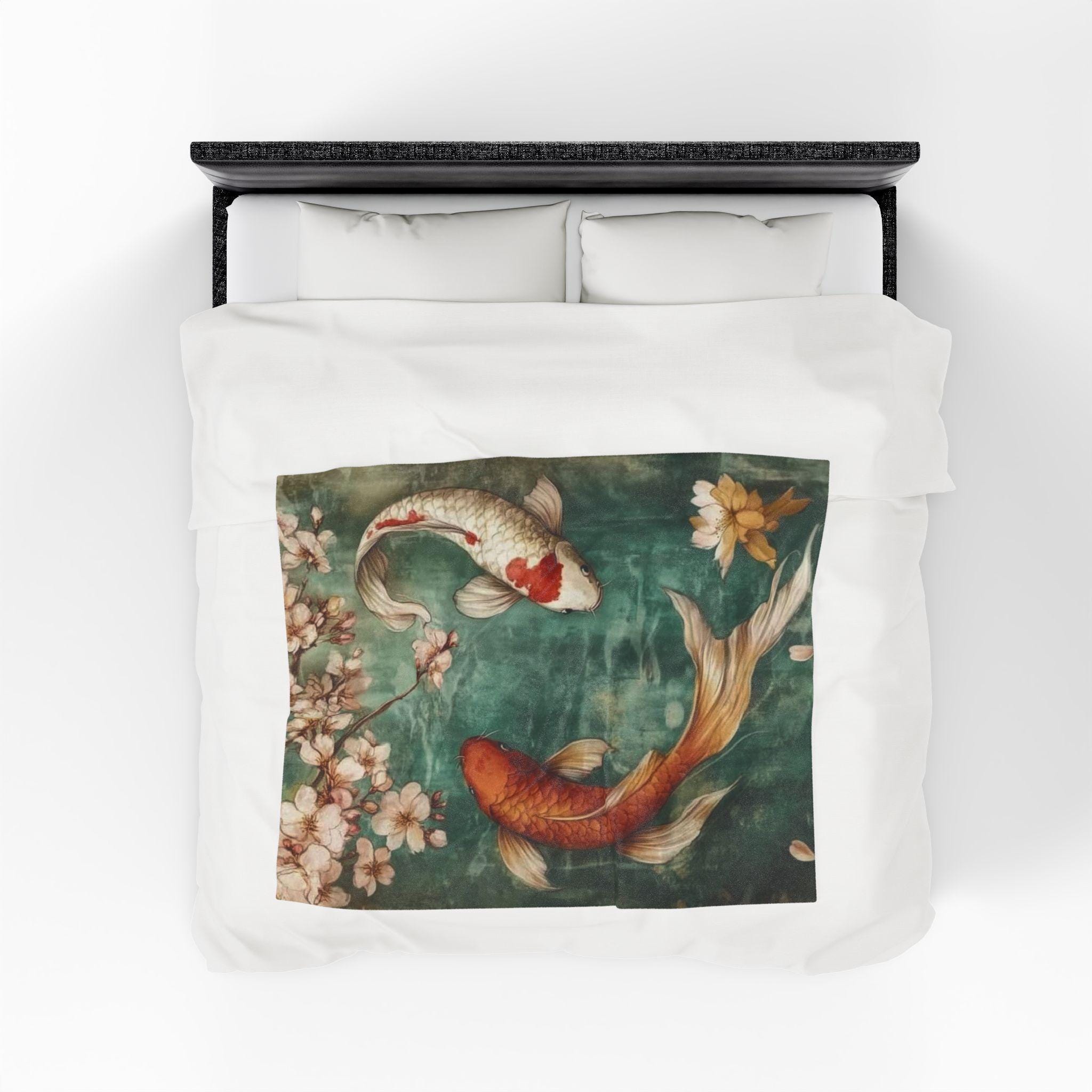 Oriental Koi Fish With Cherry Tree Velveteen Plush Blanket #9 - Cozy ...