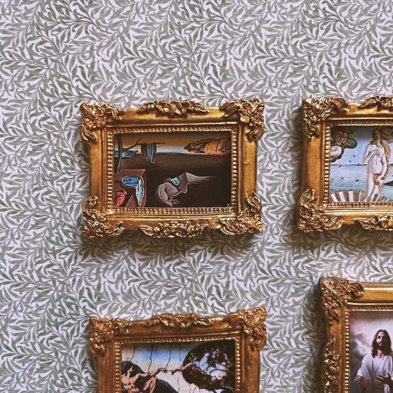 Pintura japonesa en miniatura de Dalí Da Vinci, arte clásico, para casa de muñecas o imán de ...