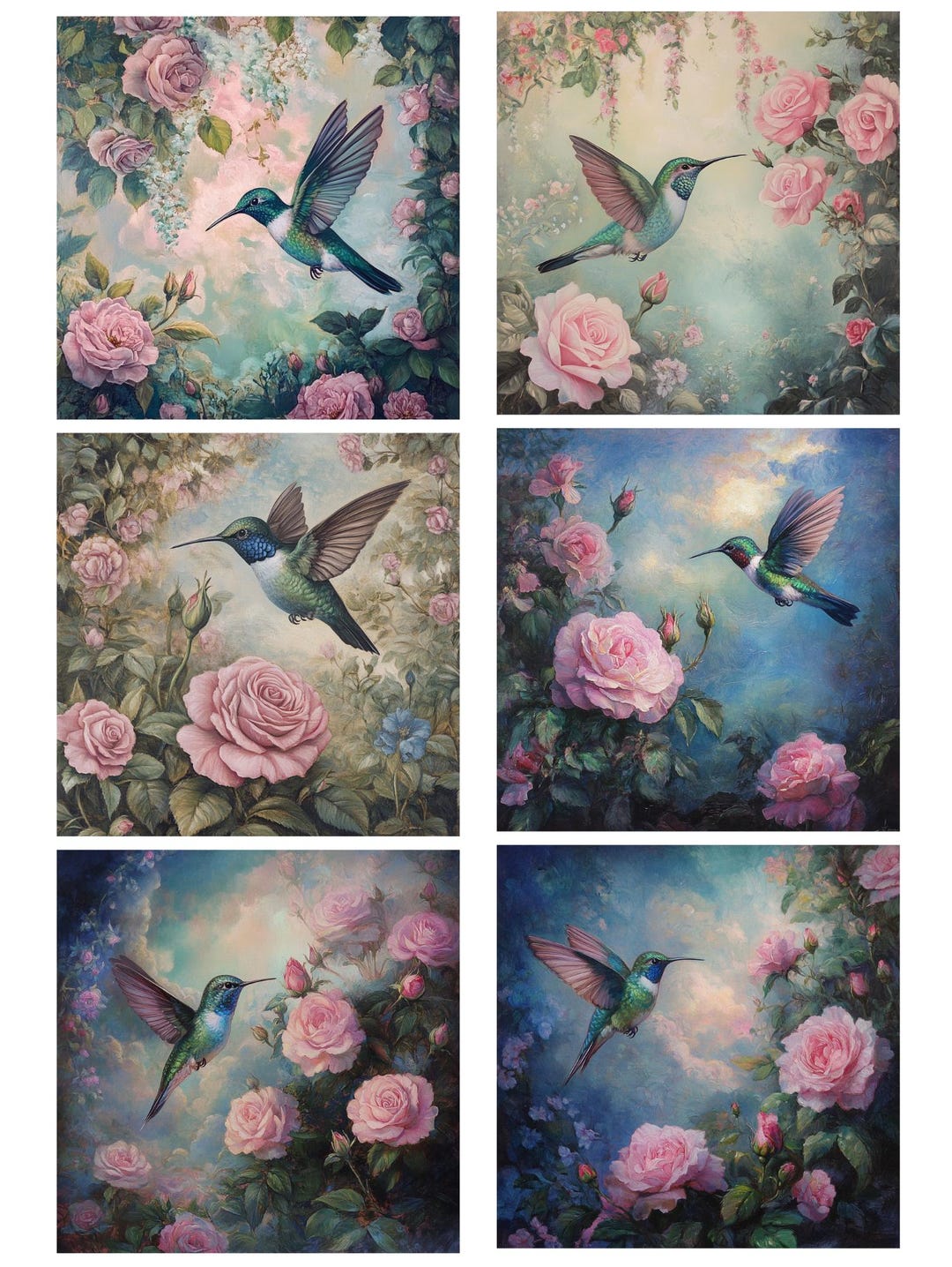 Decoupage Rice Paper W/ 6 Square Hummingbird Roses Hannah Yata Style ...