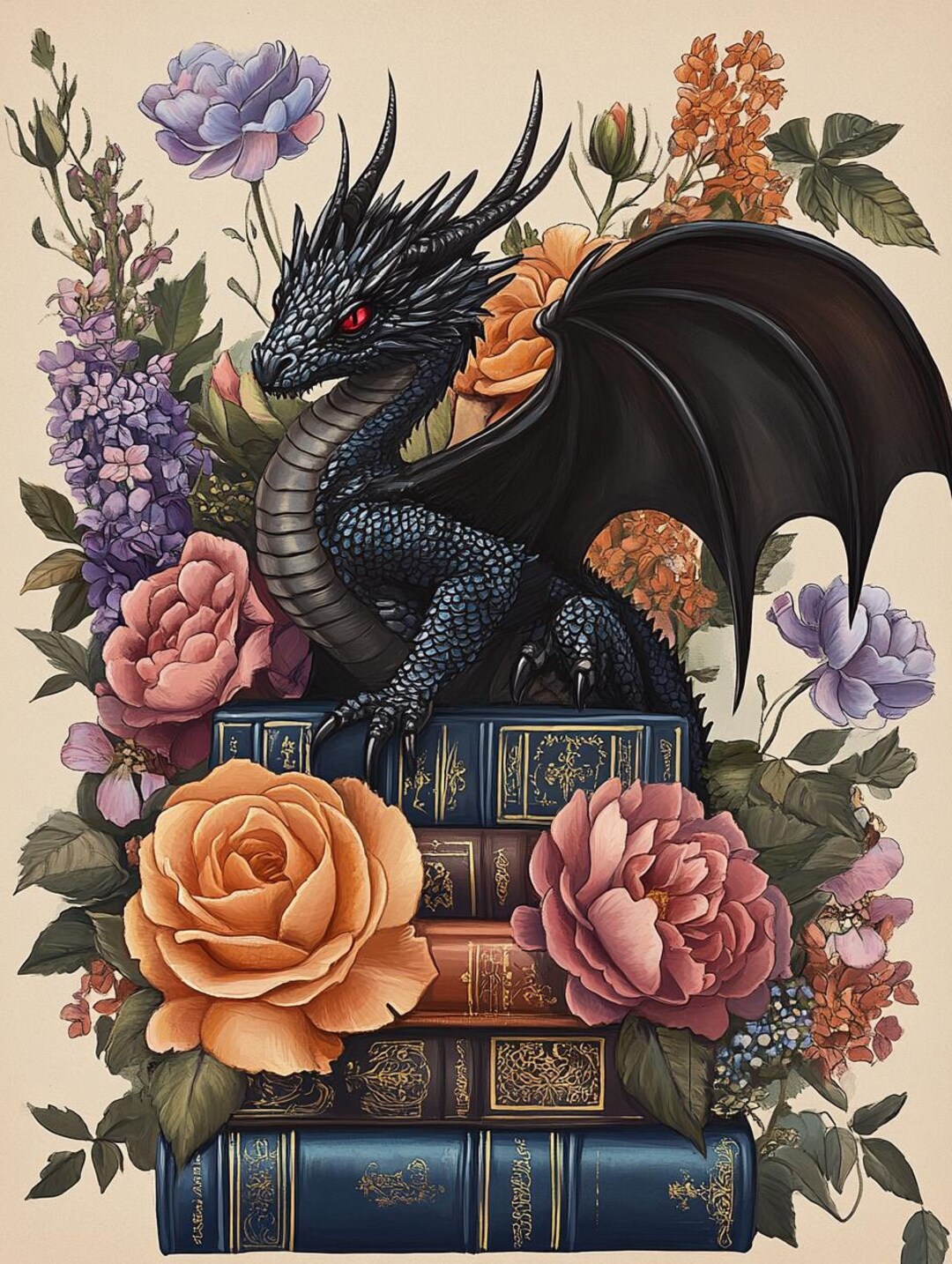 Decoupage Vintage Black Dragon Book Flower #270, Letter Size Rice Paper ...