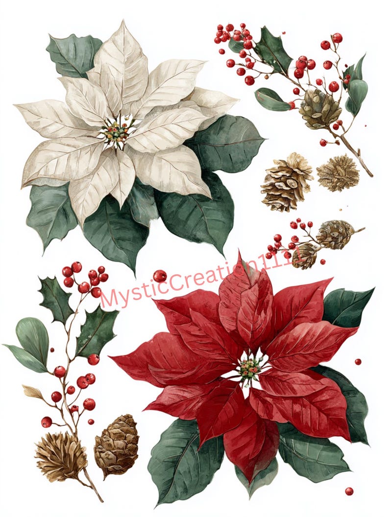 Poinsettia Christmas Poinsettia Pinecone Bundle #675, Letter Size Rice ...