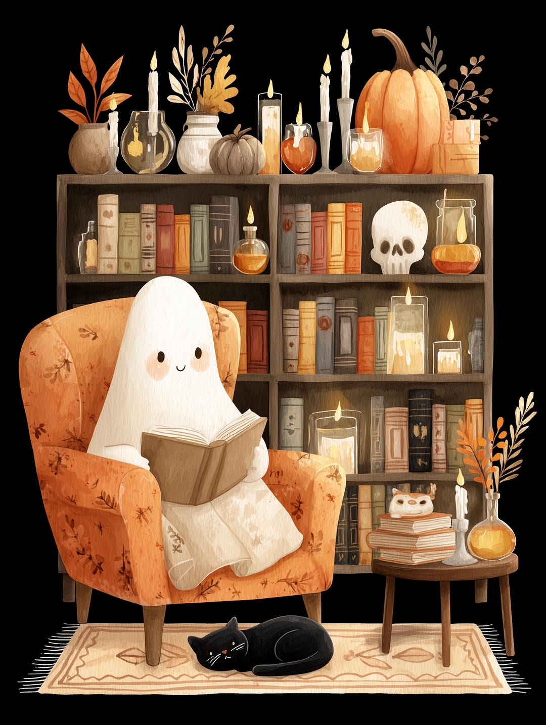 Decoupage Halloween Boo Reading Bookshelf #268, Letter Size Rice Paper ...