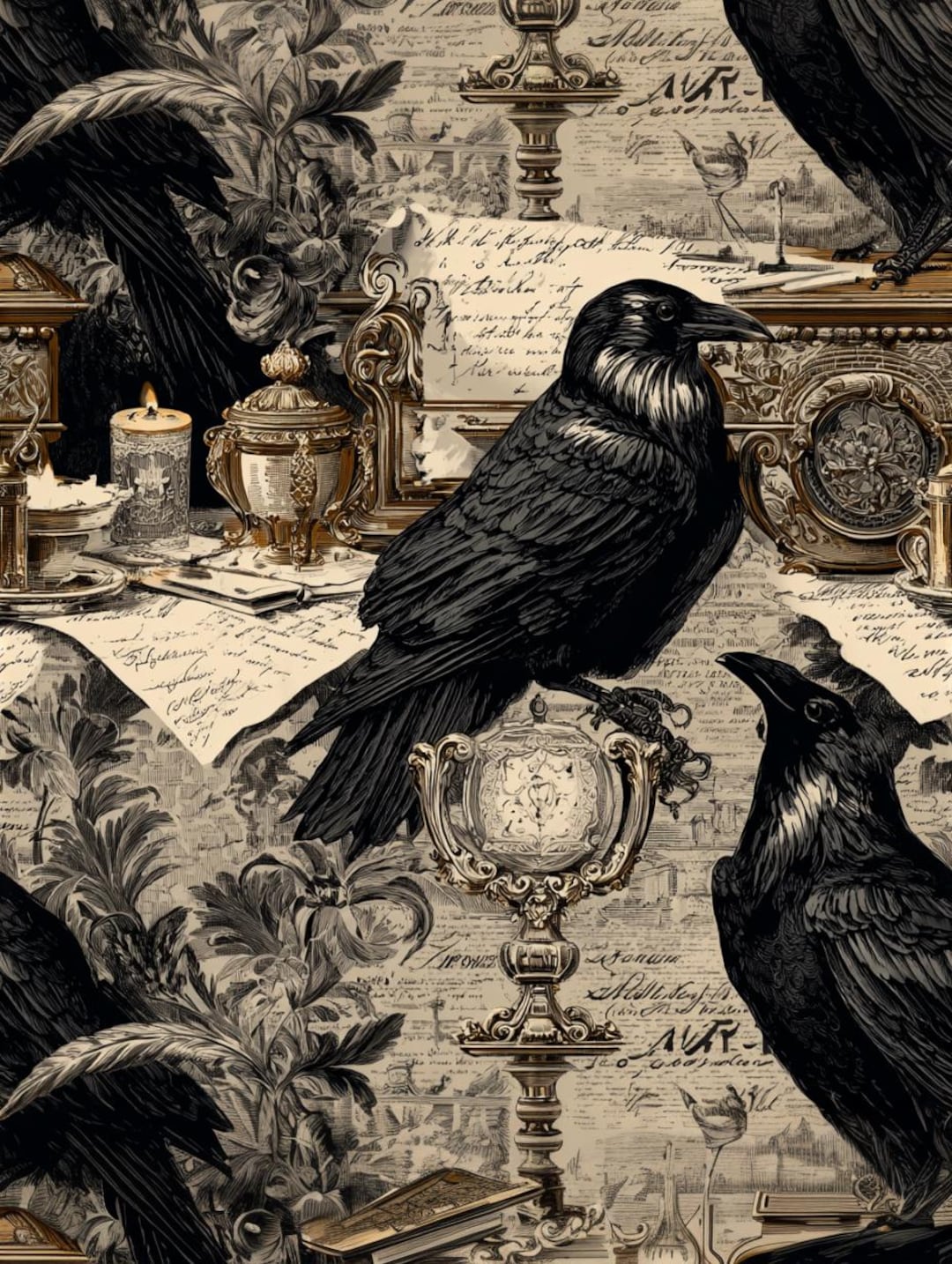 Decoupage Vintage Victorian Style Raven Crow Script #497, Rice Paper ...