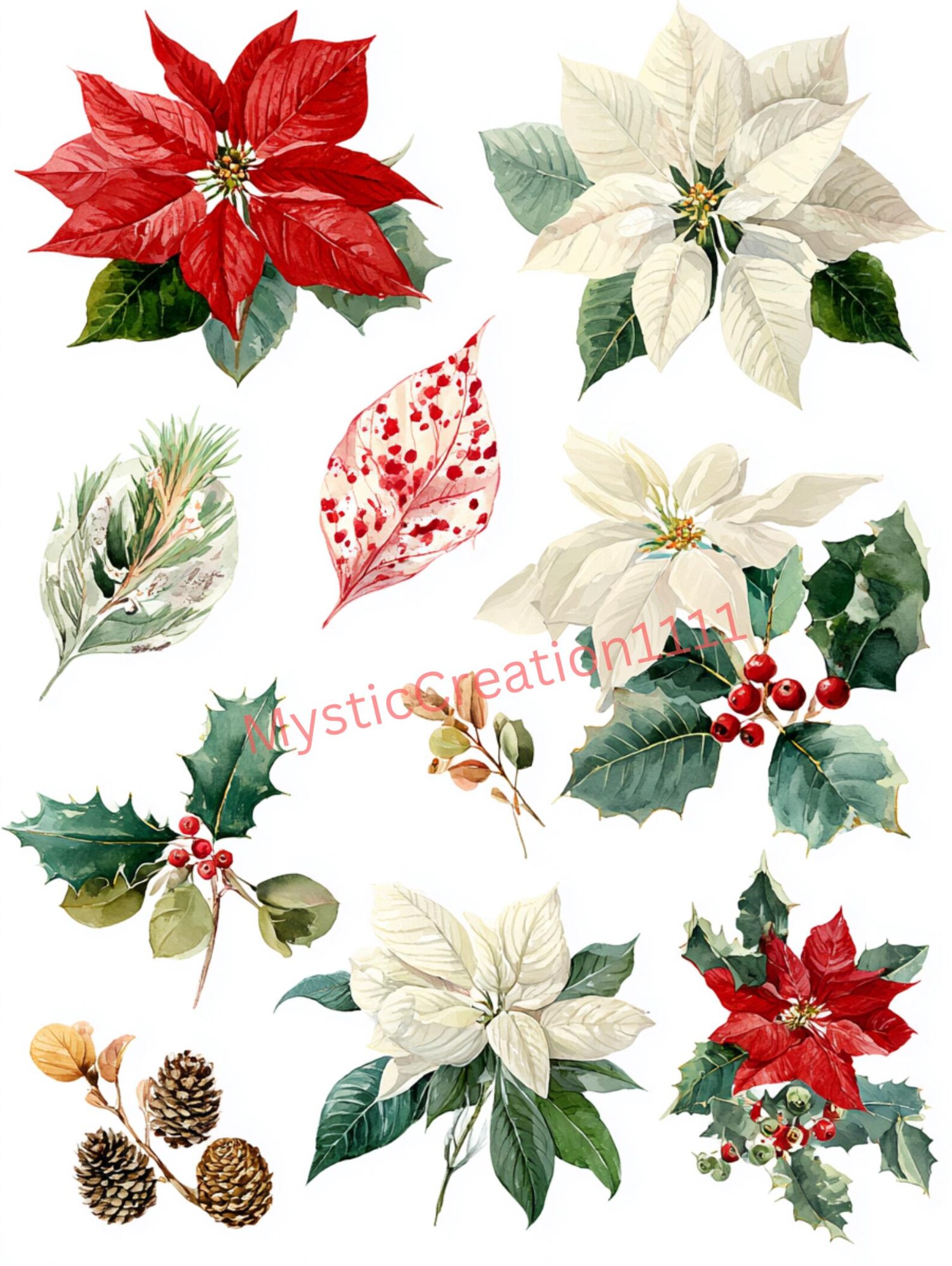 Poinsettia Christmas Poinsettia Pinecone Bundle #675, Letter Size Rice ...