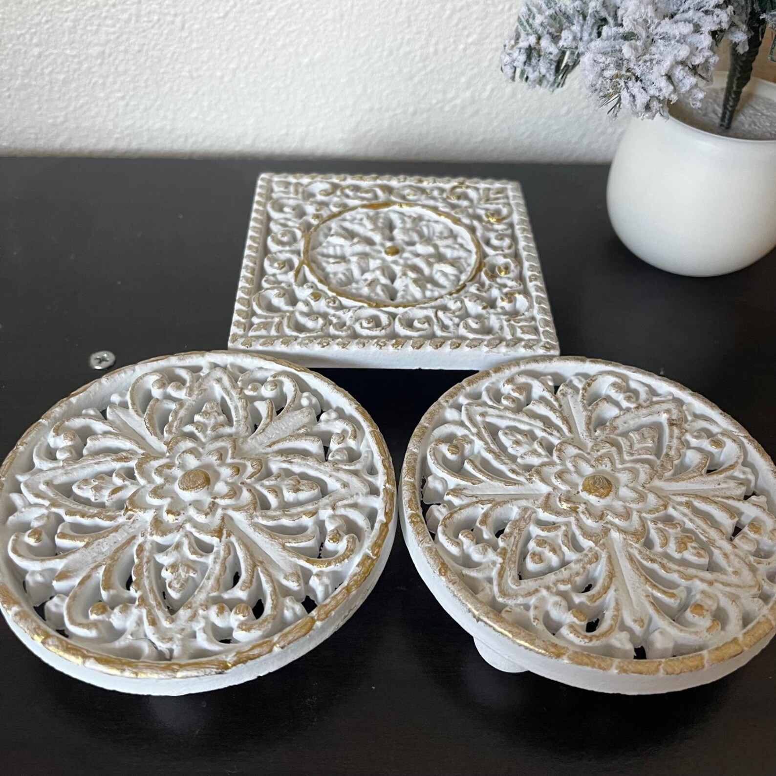 Mini Carved Wood Table Riser - Round Square Floral White Gold Riser ...