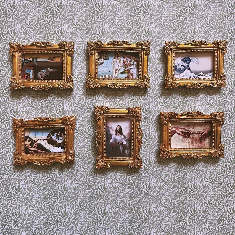 Pintura japonesa en miniatura de Dalí Da Vinci, arte clásico, para casa de muñecas o imán de ...