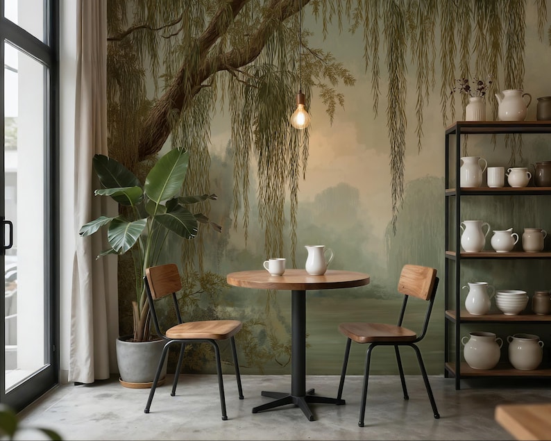 Green Botanical Wallpaper Mural, Moody Willow Tree Woodland Forest ...