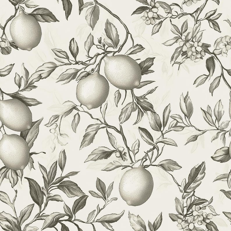 Neutral Lemon Botanical Wallpaper | Vintage Toile, Farmhouse Wallpaper ...