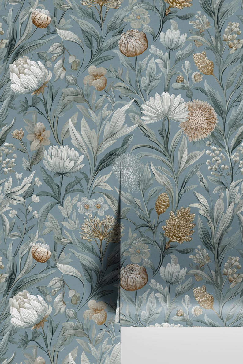 Blue Botanical Farmhouse Wallpaper, William Morris Inspired ...