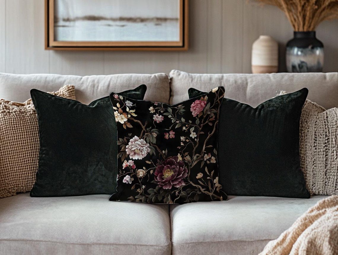 Moody Floral Throw Pillow | Romantic Gothic Chinoiserie | Dark Academia ...