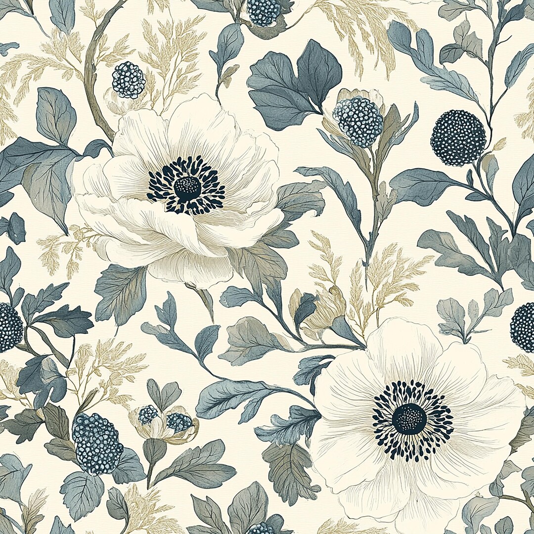Vintage Anemone Floral Wallpaper, Teal Navy Blue Botanical, Light ...
