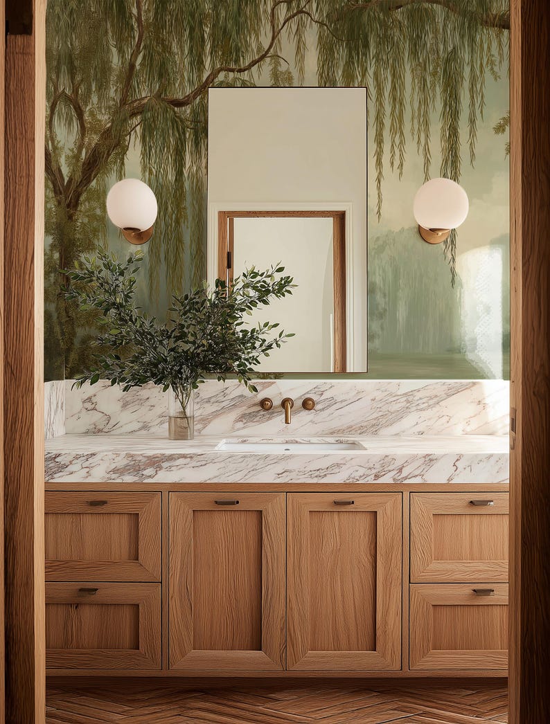 Green Botanical Wallpaper Mural, Moody Willow Tree Woodland Forest ...