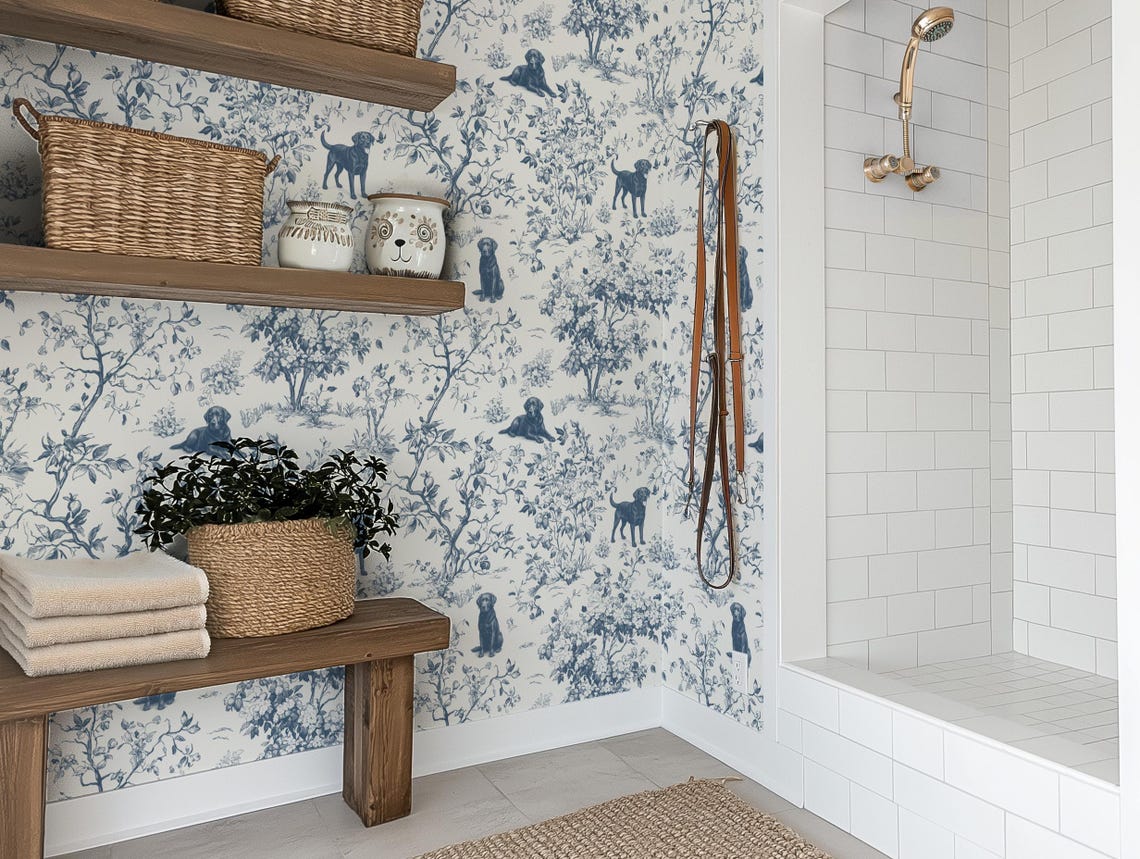 Custom Color Dog Wallpaper, Black Labrador Toile De Jouy, Whimsical ...