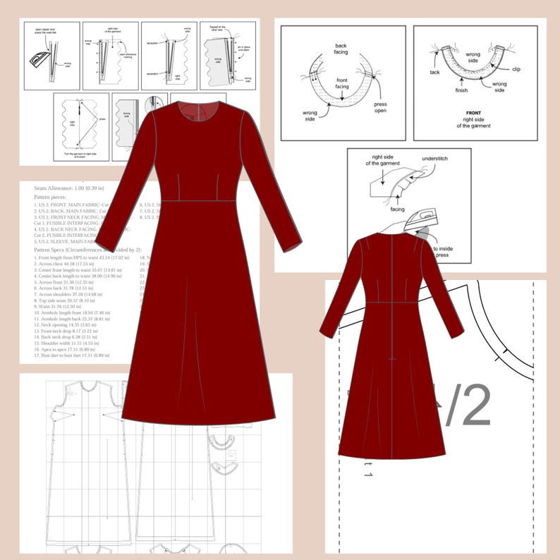 Long Sleeve Midi Cocktail Dress Sewing Pattern A Line Evening Dress ...