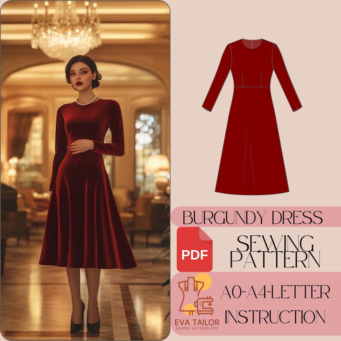 Long Sleeve Midi Cocktail Dress Sewing Pattern A Line Evening Dress ...