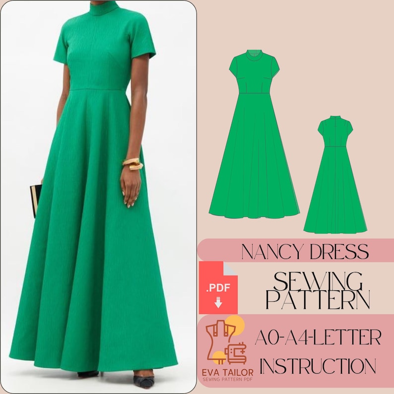 Long Circle Dress Sewing Pattern: Boat Neck, Short Sleeve (PDF Pattern ...
