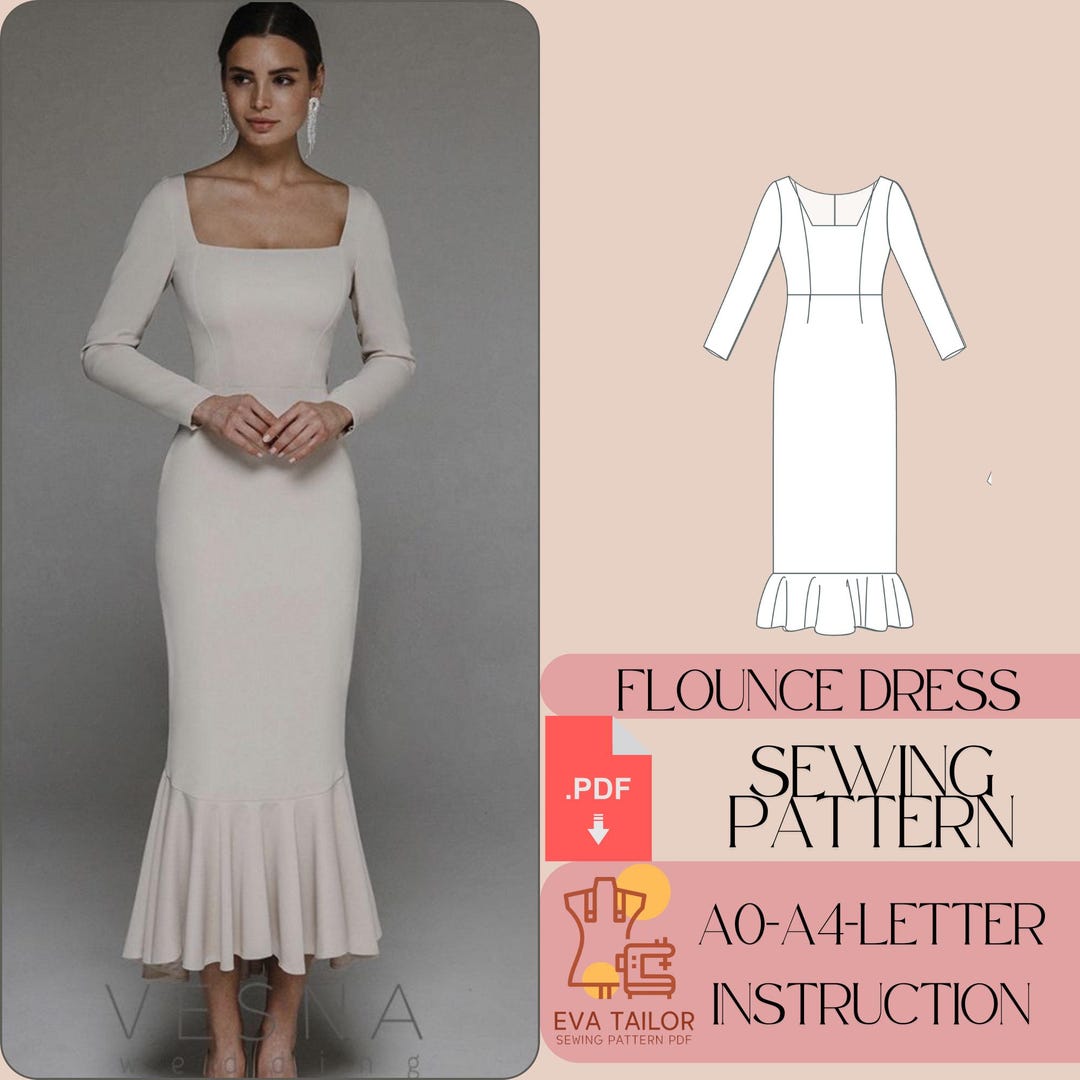 Evening Cocktail Dress Sewing Pattern Flounce Dress Pattern Long Sleeve ...