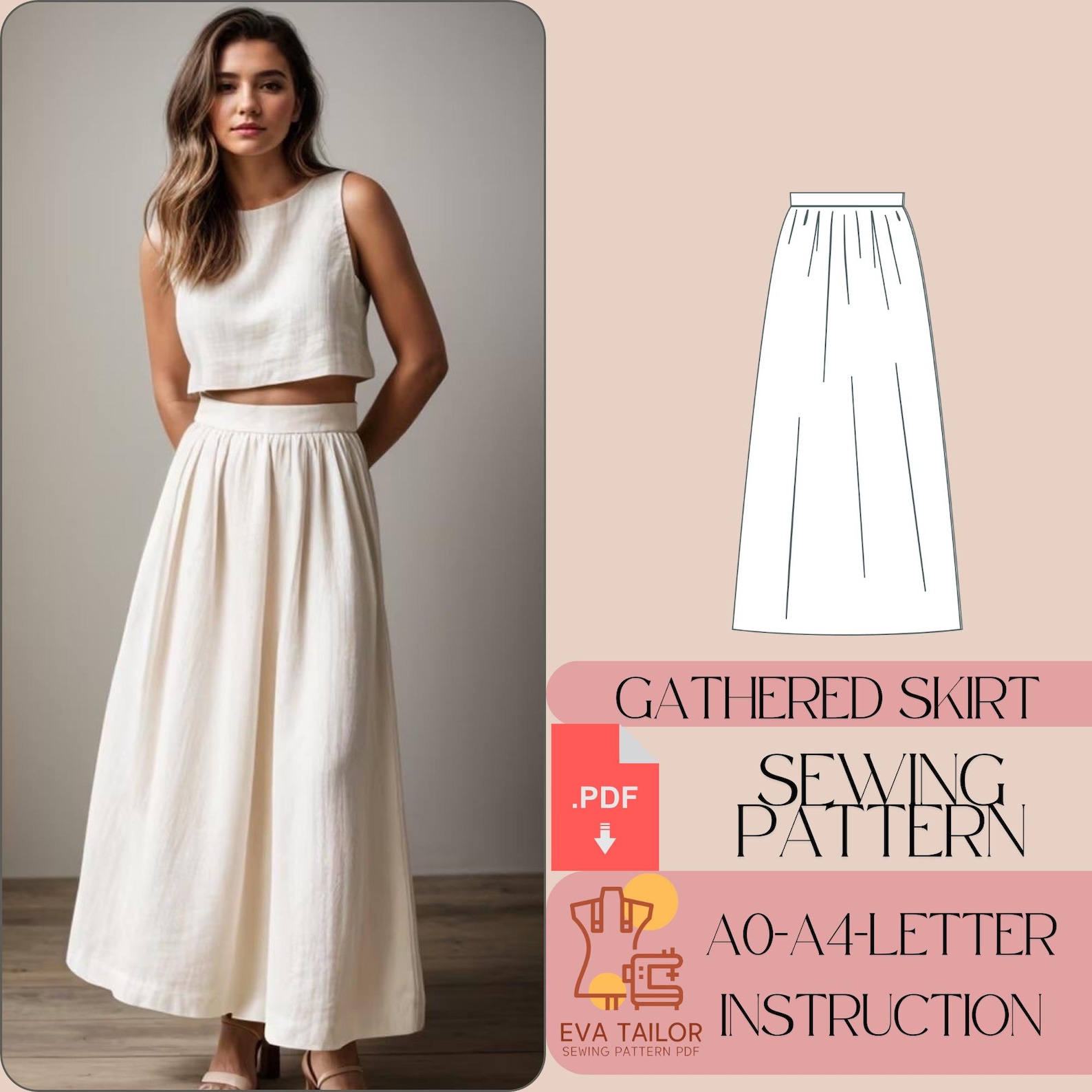 Long Gathered Skirt Sewing Pattern, Easy Summer Skirt (PDF) - Etsy