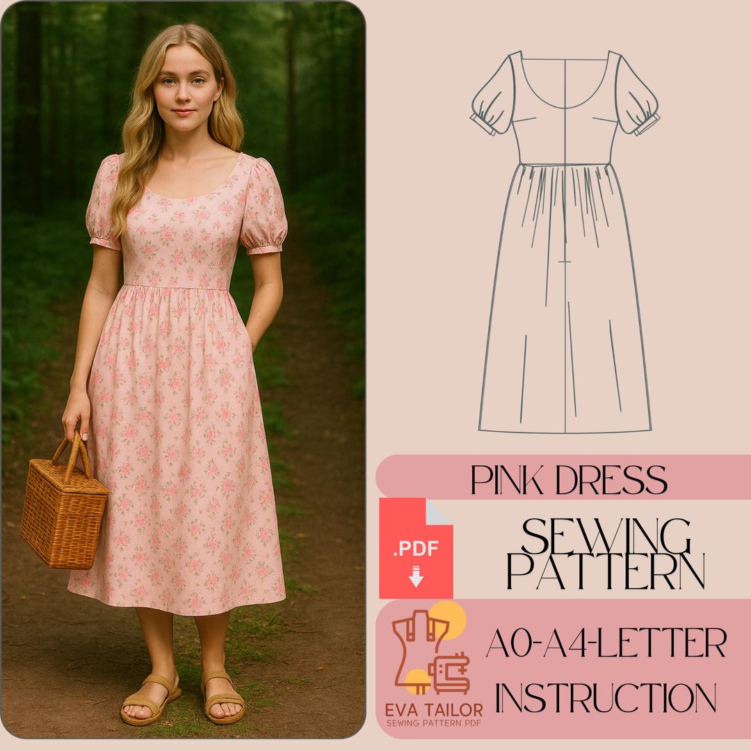 Midi Dress Sewing Pattern, Puff Sleeve Cottagecore (PDF Pattern) - Etsy