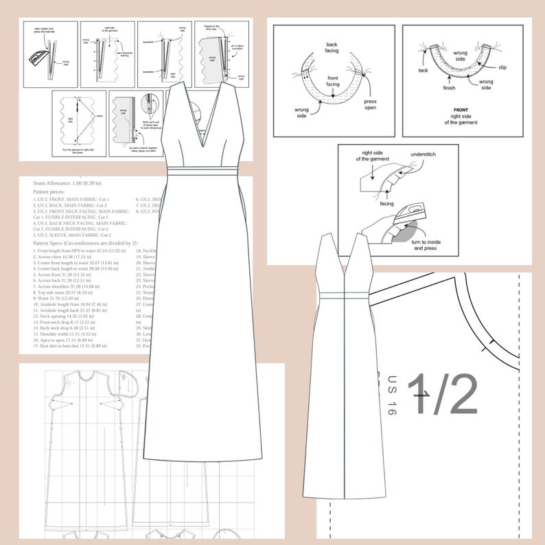 V-neck Satin Dress Sewing Pattern (PDF) - Etsy