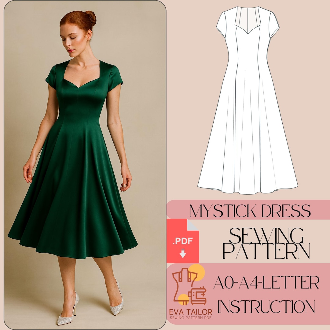 Sweetheart Neck Midi Dress Sewing Pattern, Cottagecore Prom (PDF ...