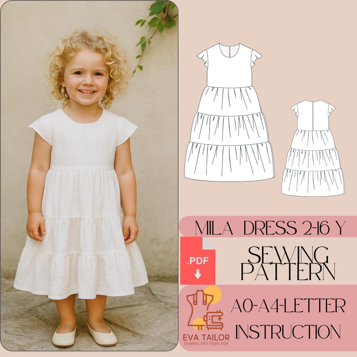 Girls Tiered Dress Sewing Pattern, Kids Toddler Beginner PDF (instant ...