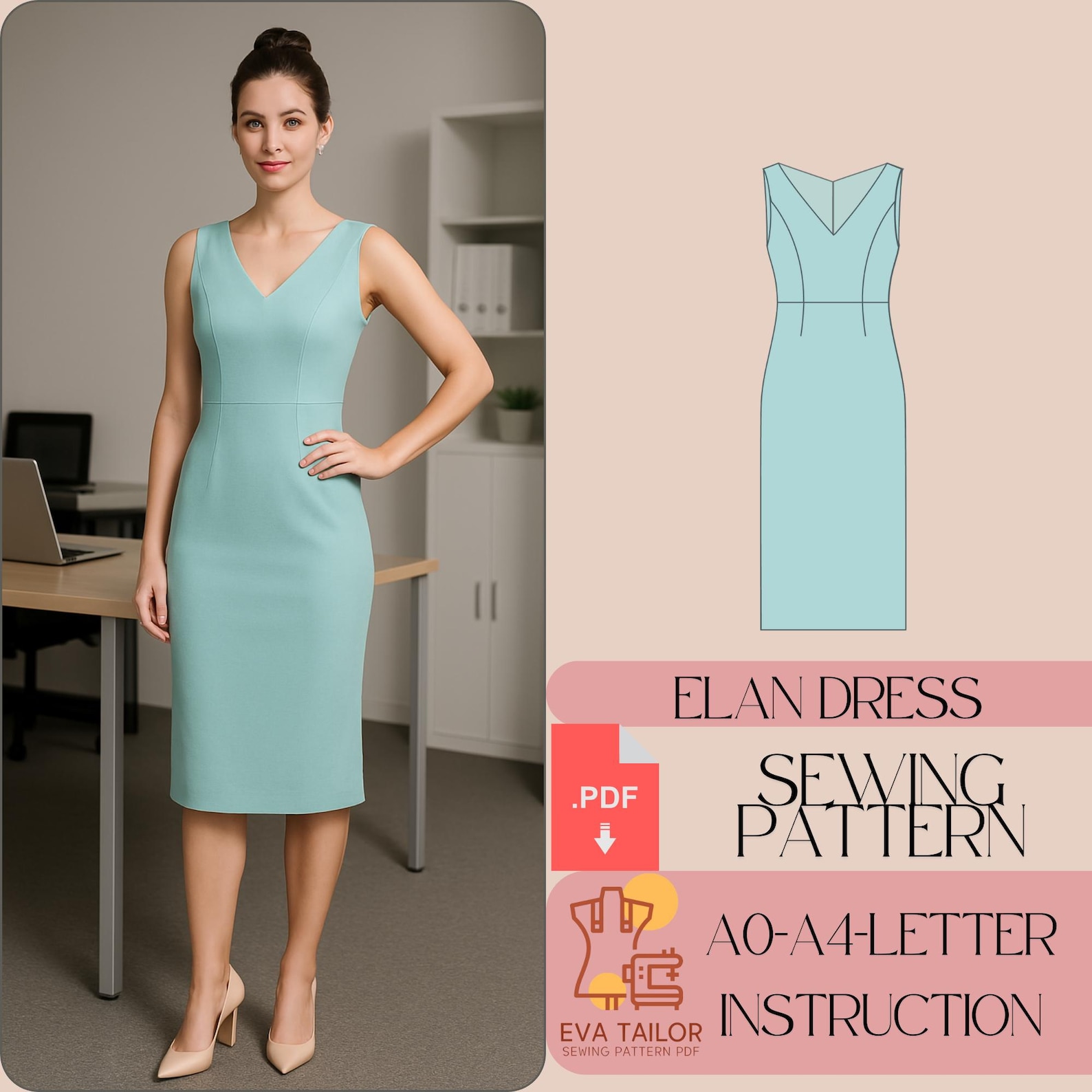 V-neck Midi Dress Sewing Pattern: Sleeveless Office Secretary Dress ...