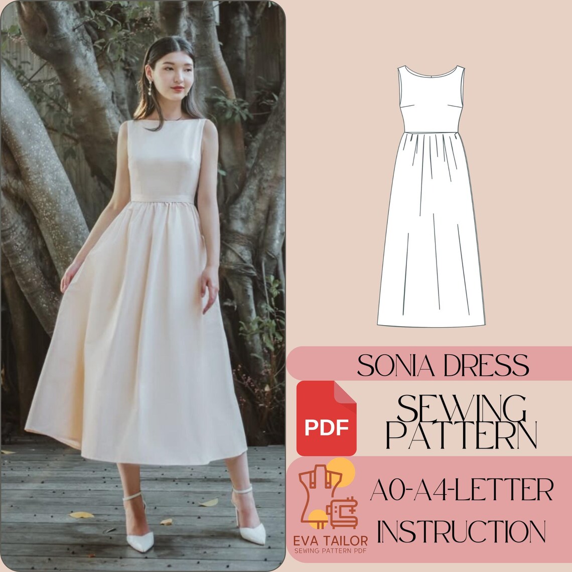 Midi Cocktail Dress Sewing Pattern Boat Neck Gathered Dress PDF Digital ...