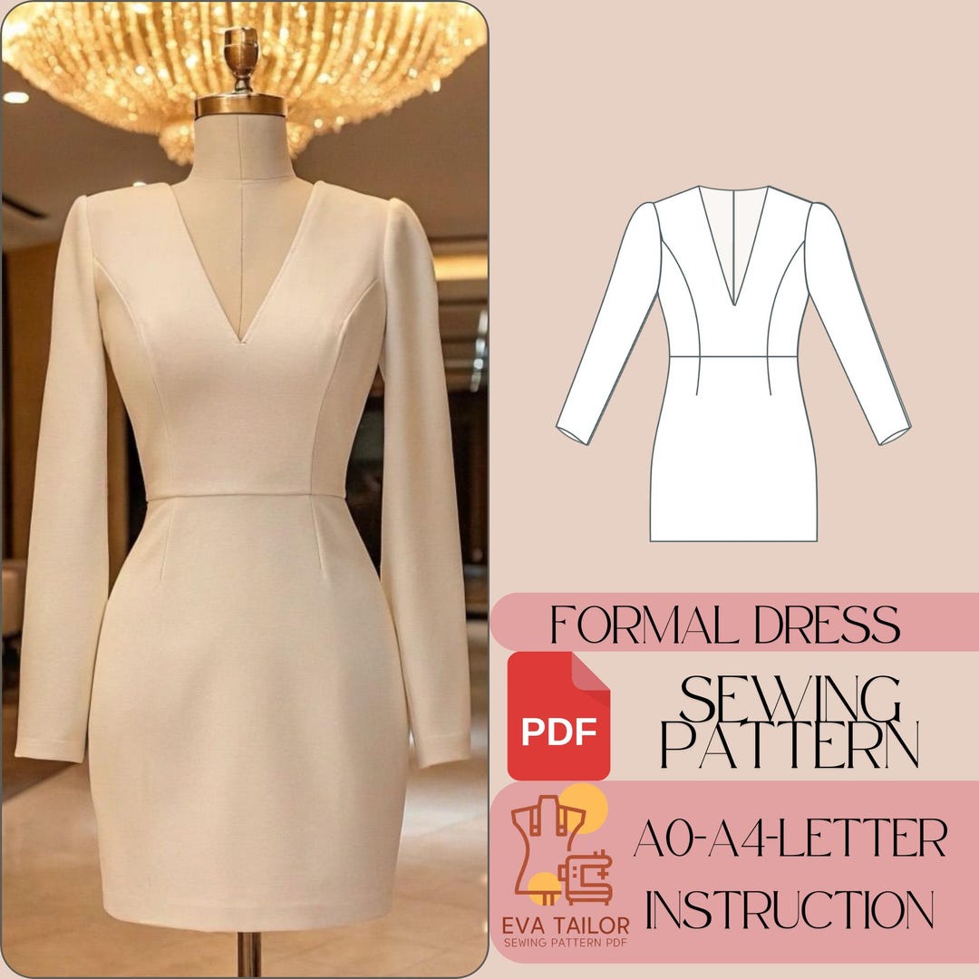 Formal Midi Dress Sewing Pattern, Long Sleeve Dress Sewing Digital ...
